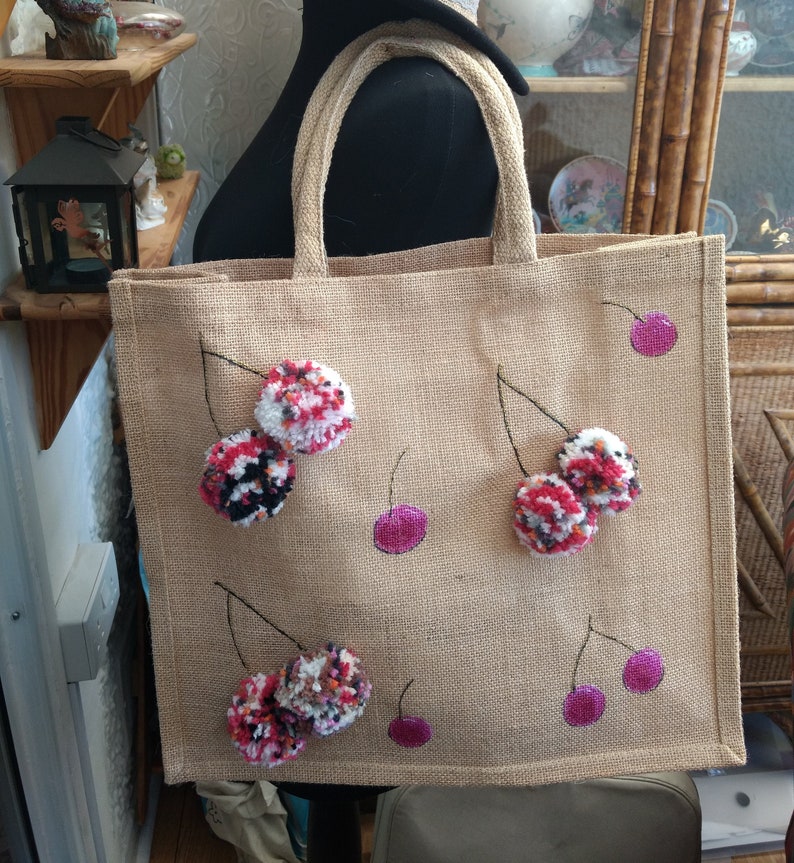 Large Hand-painted Jute Tote Bag With Cherry & Pom-pom Design | Etsy