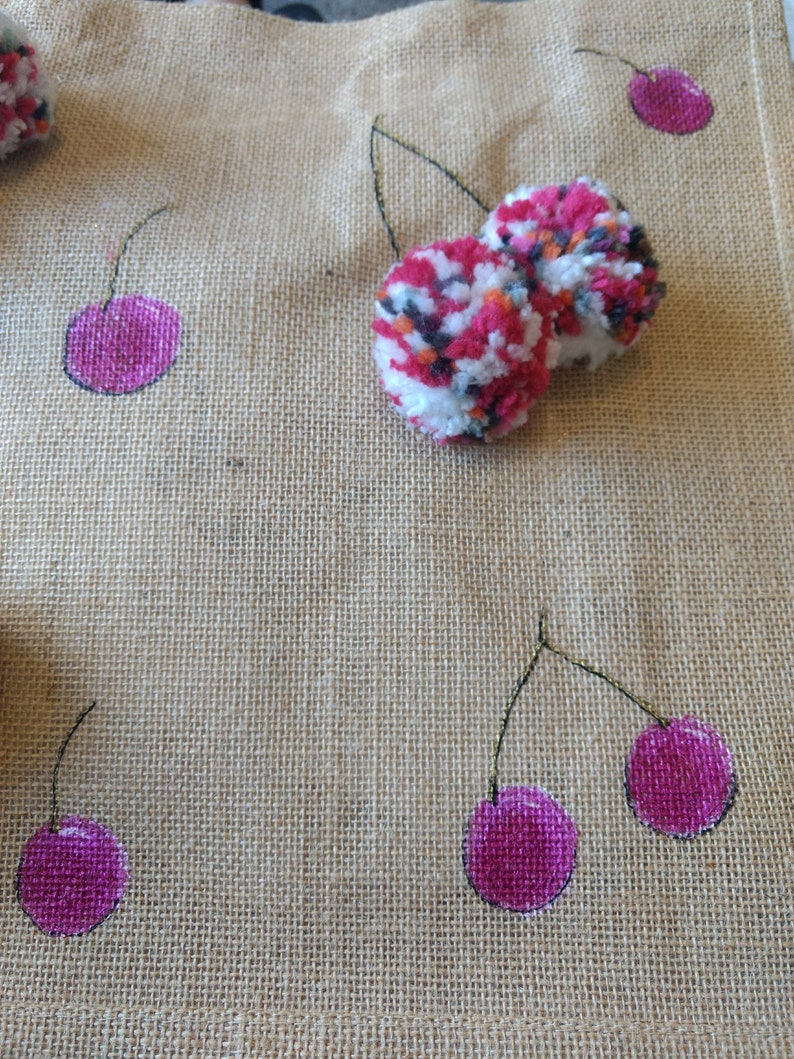 Large Hand-painted Jute Tote Bag With Cherry & Pom-pom Design | Etsy