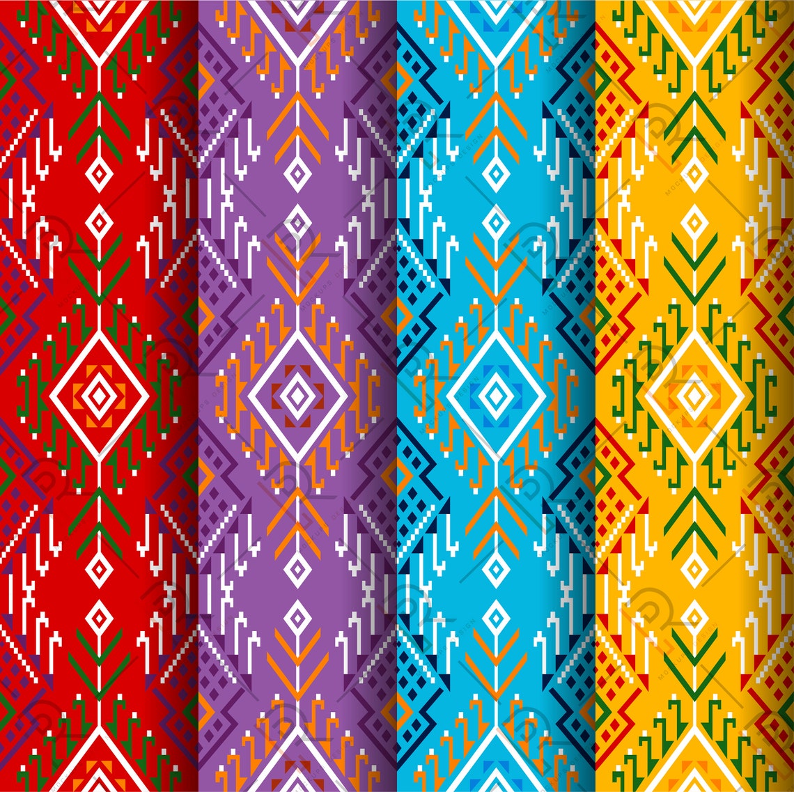 Digital Paper Thai Fabric 4 Color Batik Seamless Patterns Hand Drawn ...