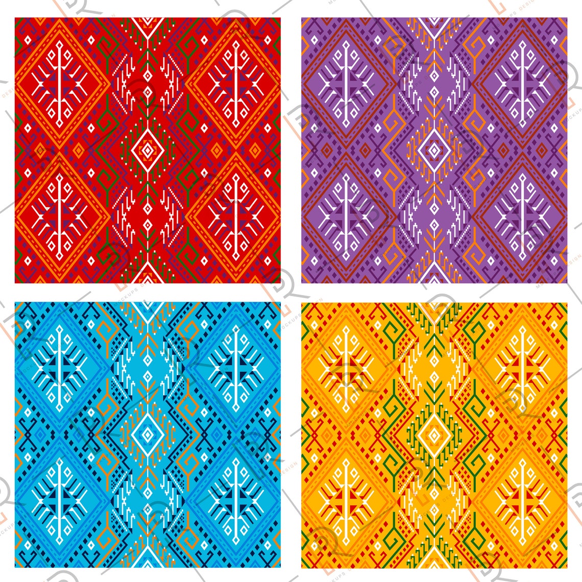 Digital Paper Thai Fabric 4 Color Batik Seamless Patterns Hand Drawn ...