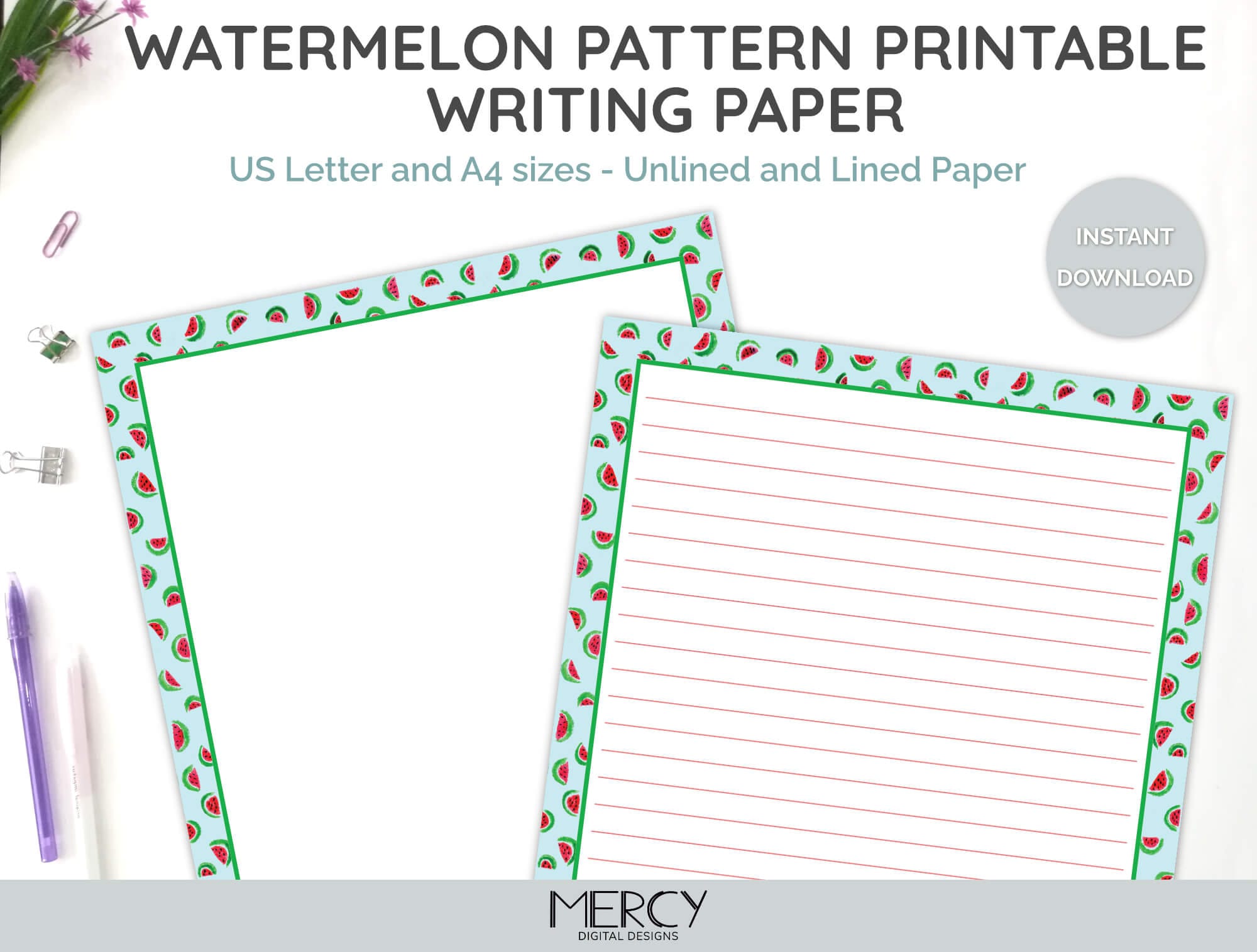 Watermelon Pattern Printable Writing Paper, Blank and Lined Fruit ...