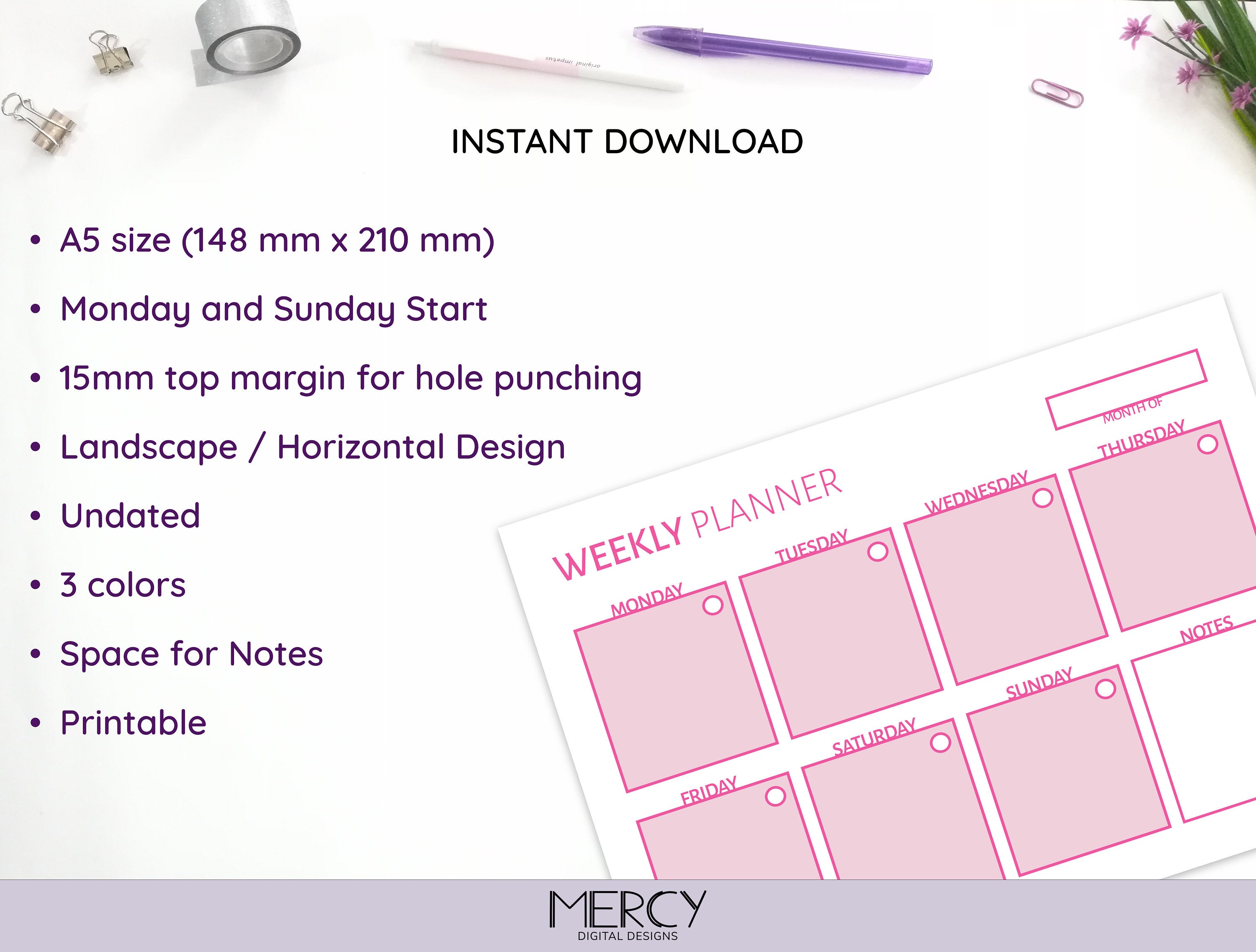 A5 Printable Weekly Planner, Landscape, Week on One Page, Monday and ...