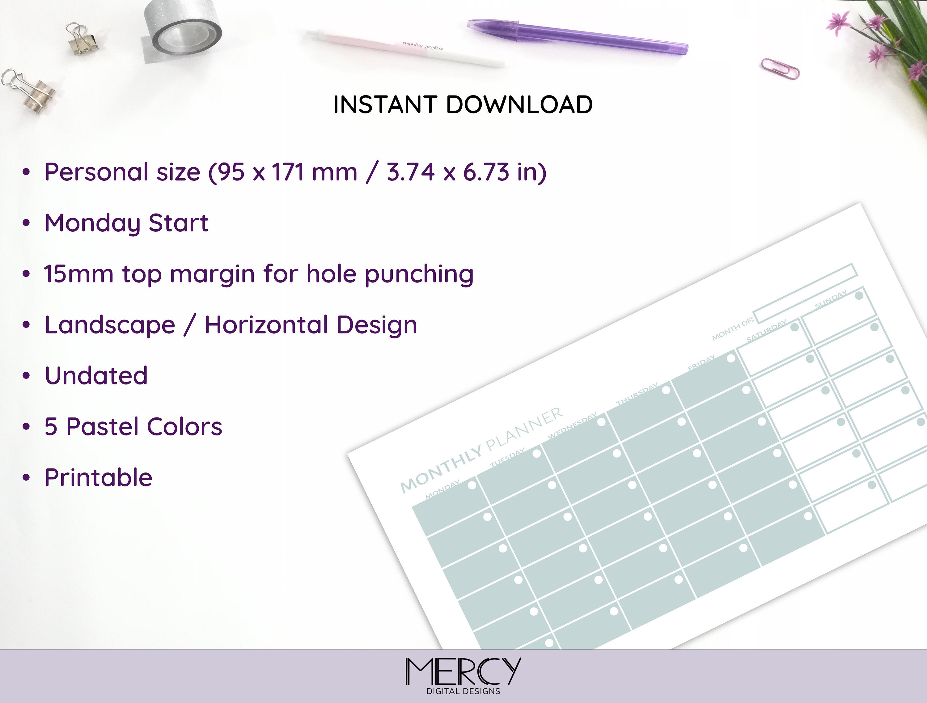 Personal Monthly Planner Printable, Personal Size Undated Calendar - Etsy