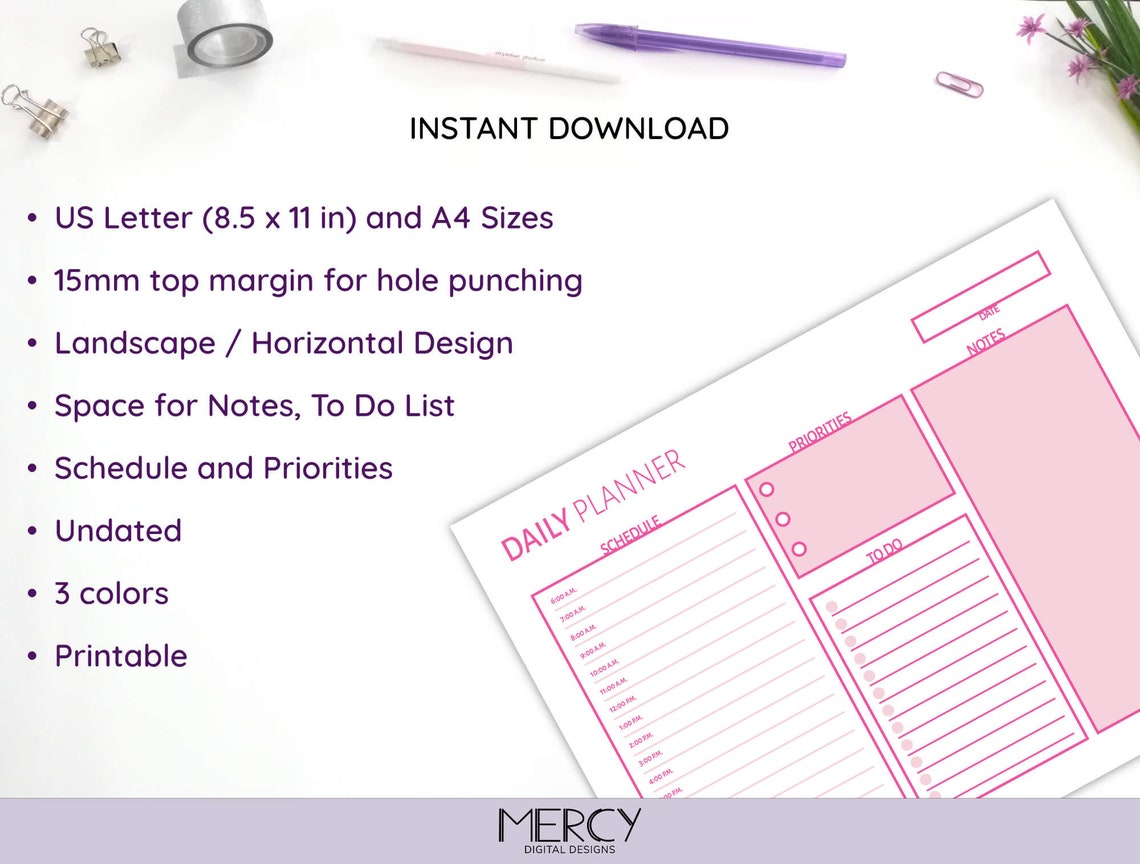 Printable Landscape Daily Planner Horizontal Daily Hourly - Etsy