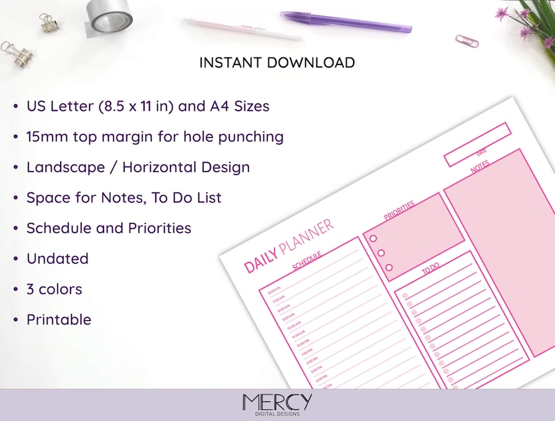 Printable Landscape Daily Planner, Horizontal Daily Hourly Planner ...