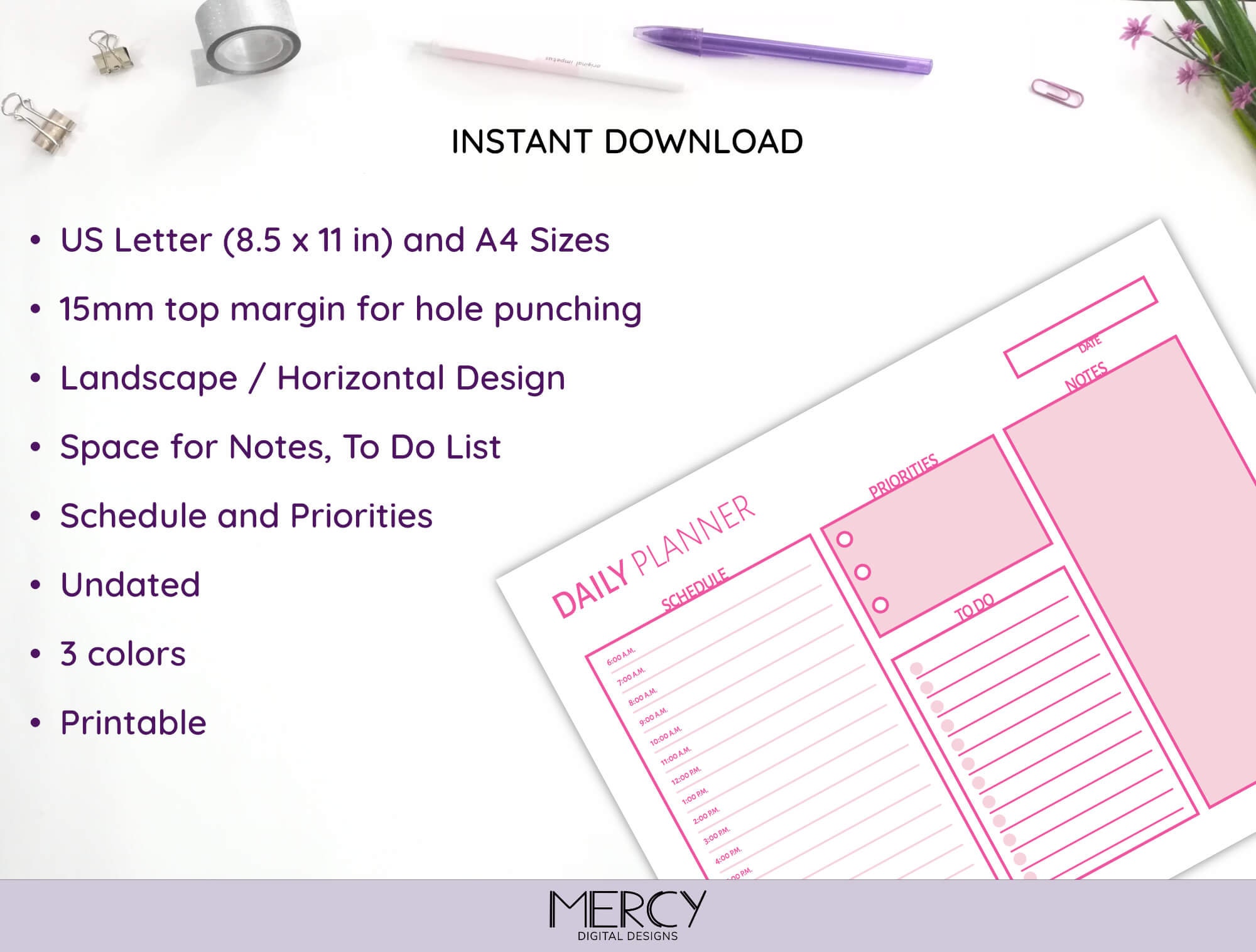 Printable Landscape Daily Planner, Horizontal Daily Hourly Planner ...