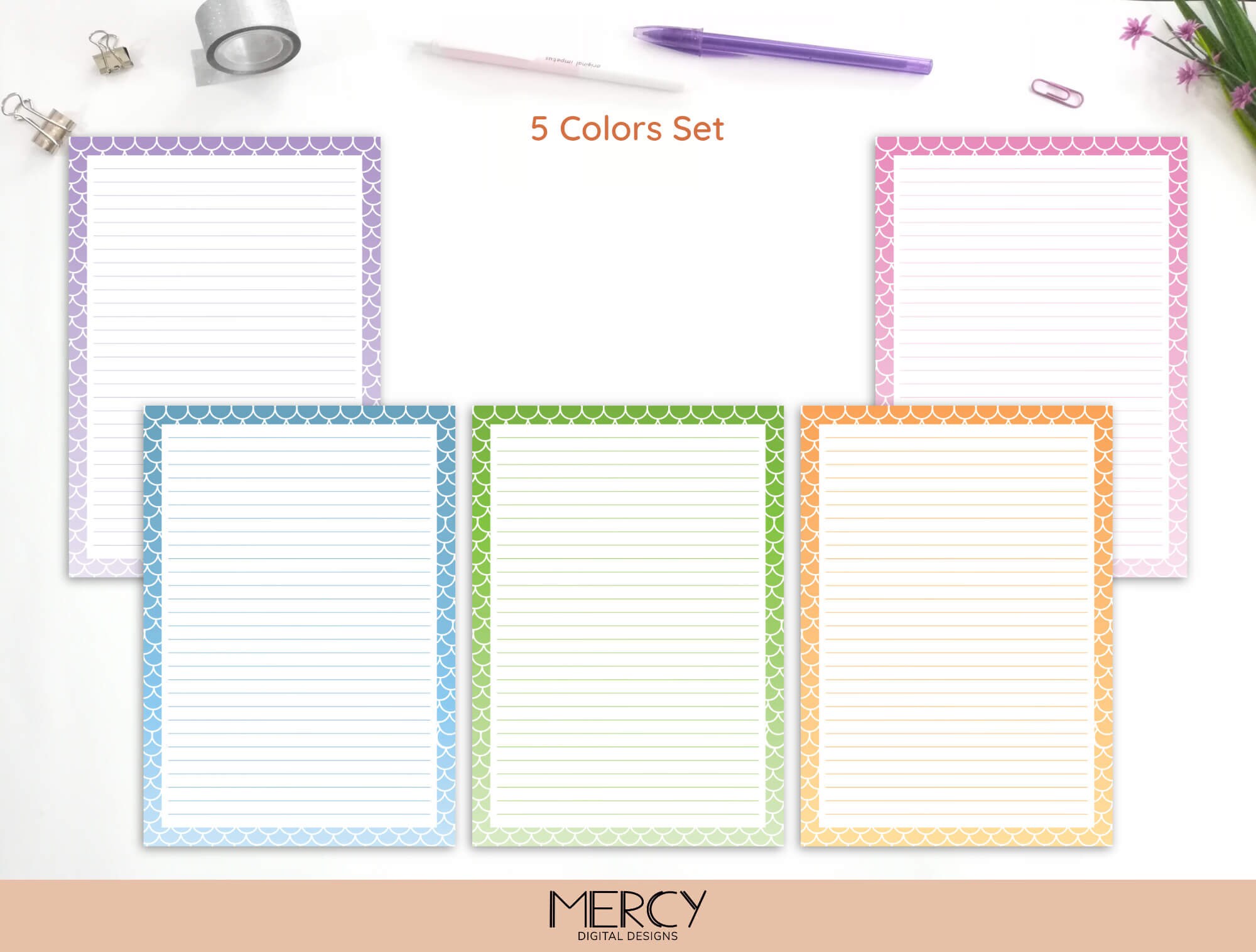 Colorful Waves Printable Stationery Borders Paper, Blank and Lined ...