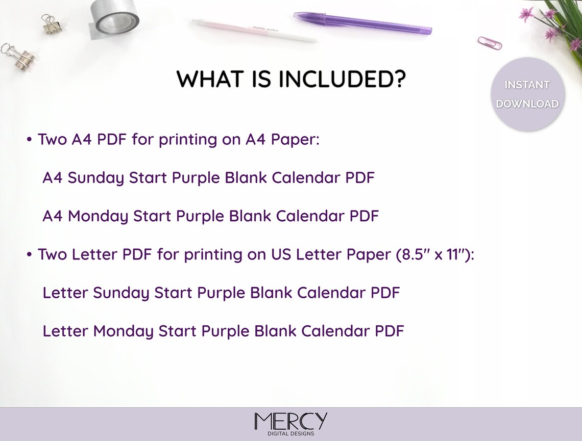 Blank Calendar Printable Purple Undated A4 Letter - Etsy