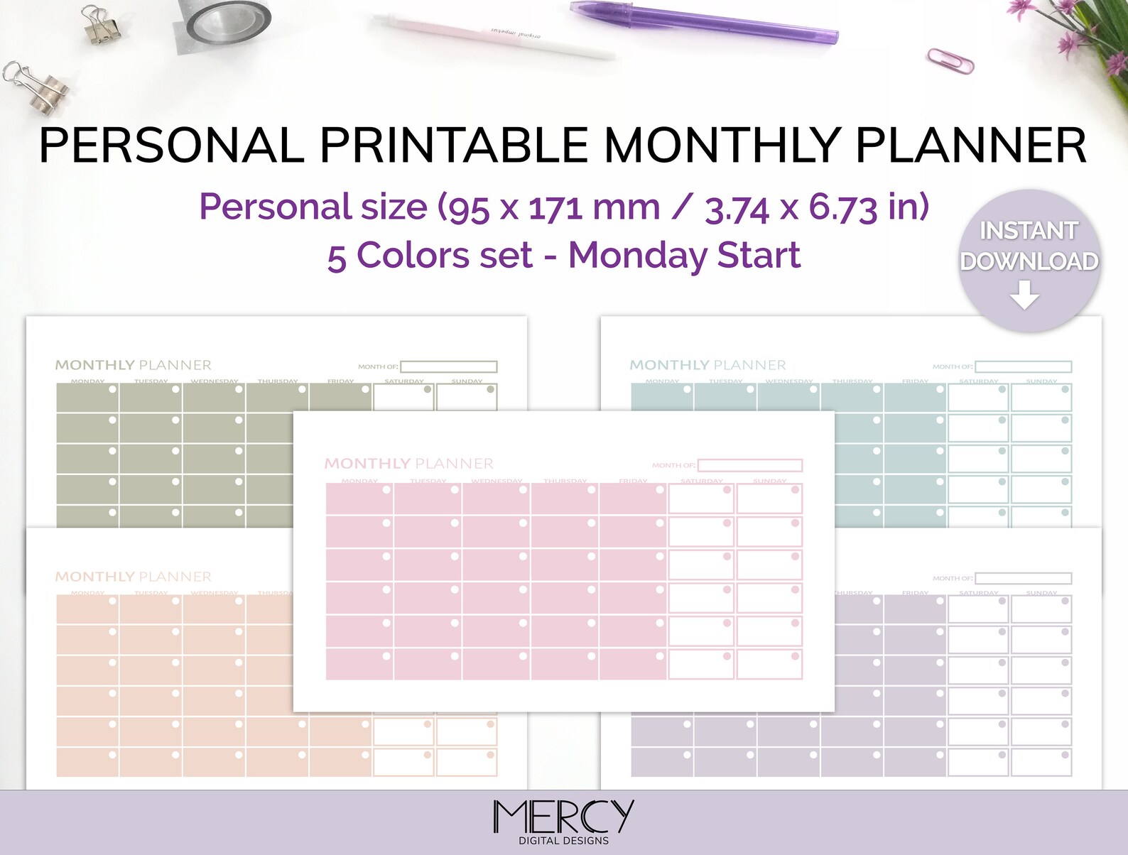 Personal Monthly Planner Printable, Personal Size Undated Calendar - Etsy
