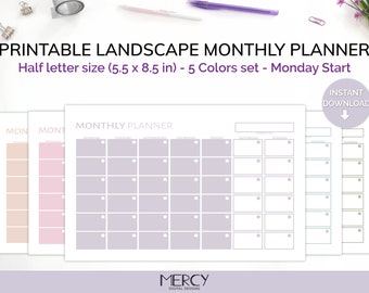 Half Letter Monthly Planner Printable Landscape Undated | Etsy