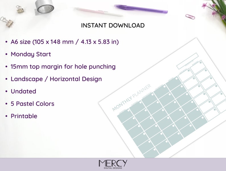 A6 Monthly Planner Printable, A6 Undated Calendar - Etsy