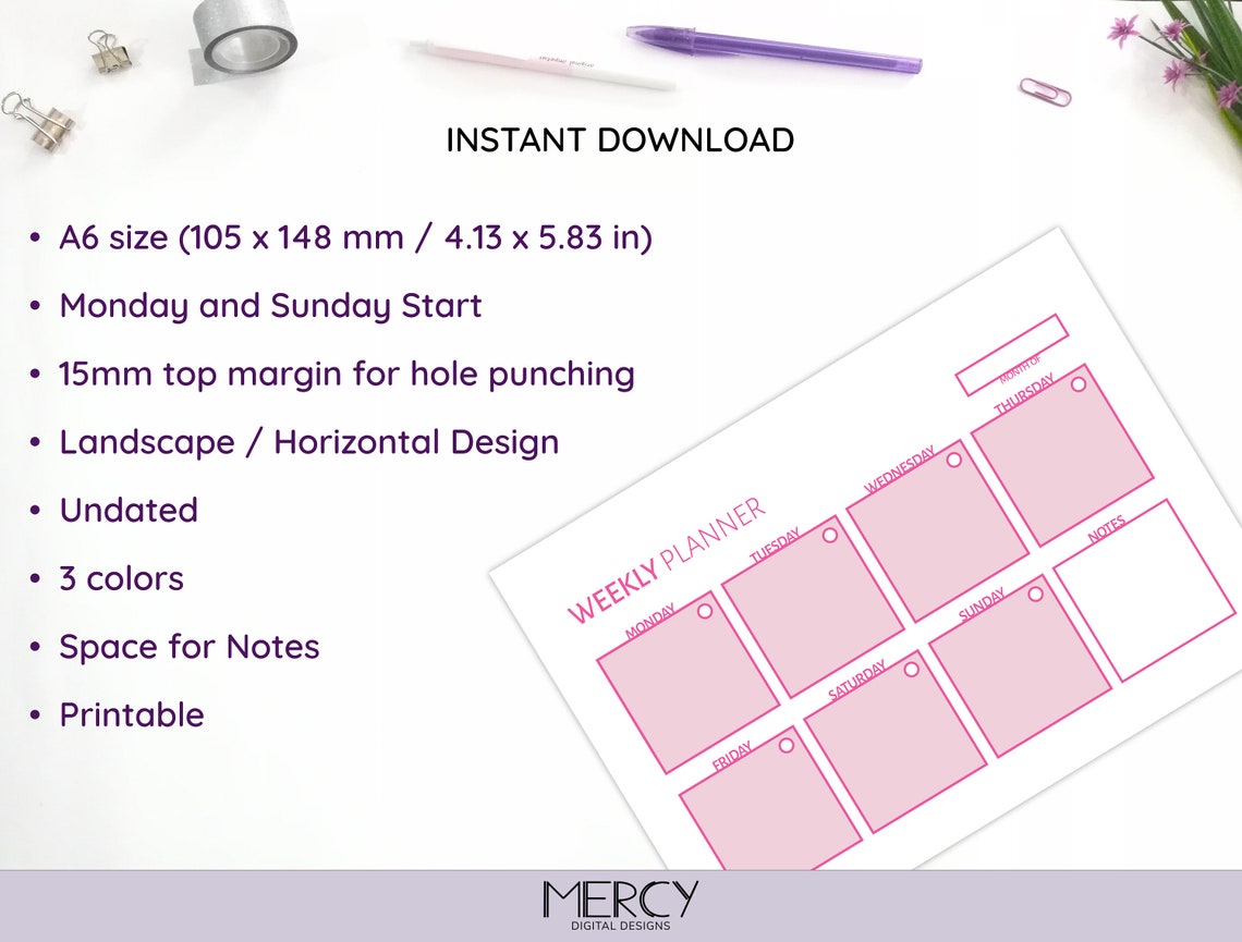 A6 Weekly Planner Printable Week on One Page Landscape - Etsy