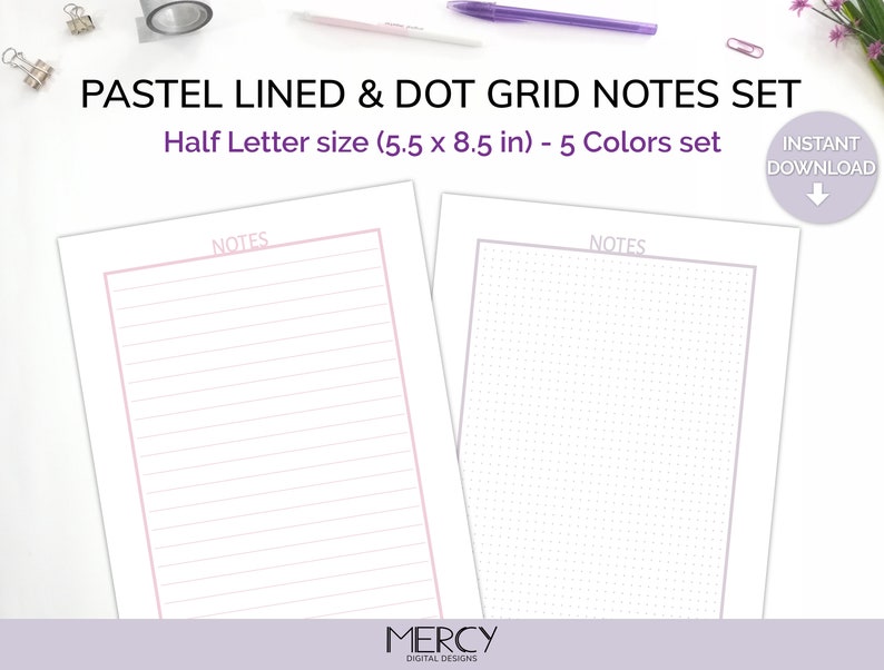 Half Letter Notes Printable, Lined Notes, Dot Grid Notes, Pastel Notes ...