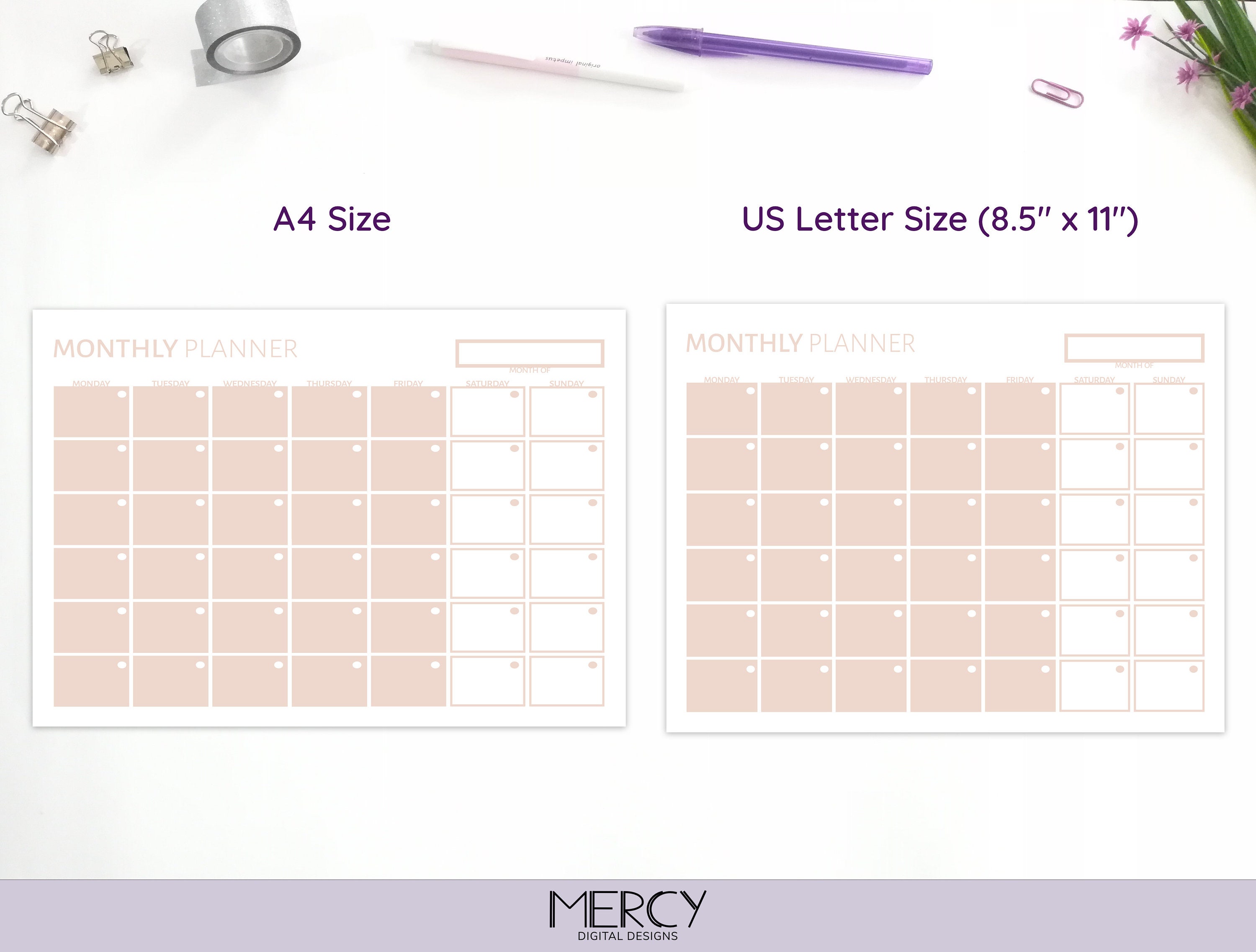 Undated Landscape Monthly Planner Printable, A4 and Letter, Undated ...