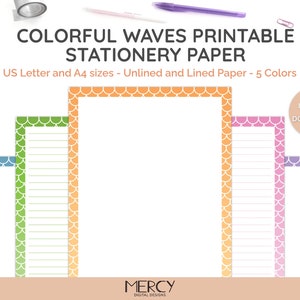 Colorful Waves Printable Stationery Borders Paper, Blank and Lined ...