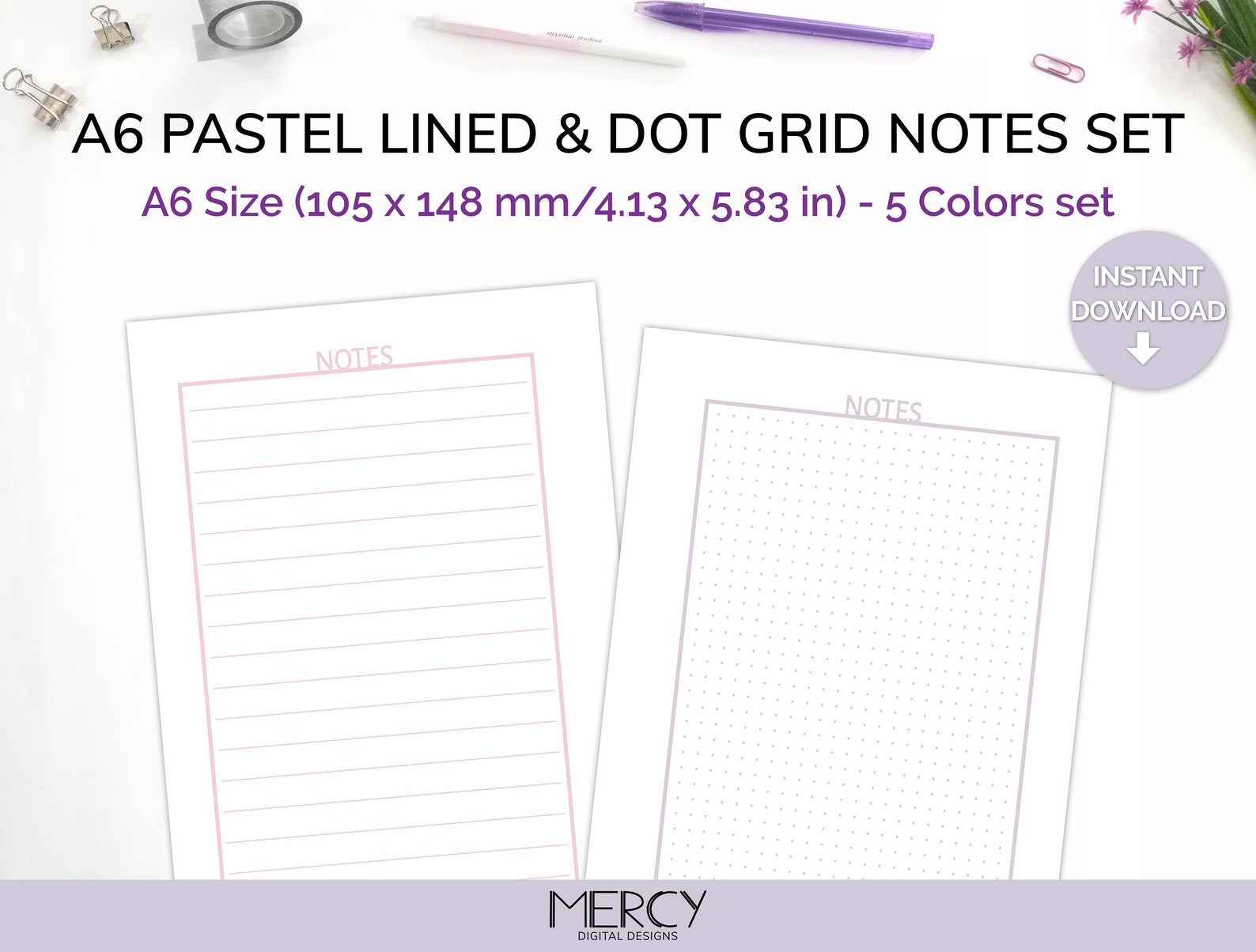 A6 Notes Printable, Lined Notes, Dot Grid Notes, Pastel Notes - Etsy