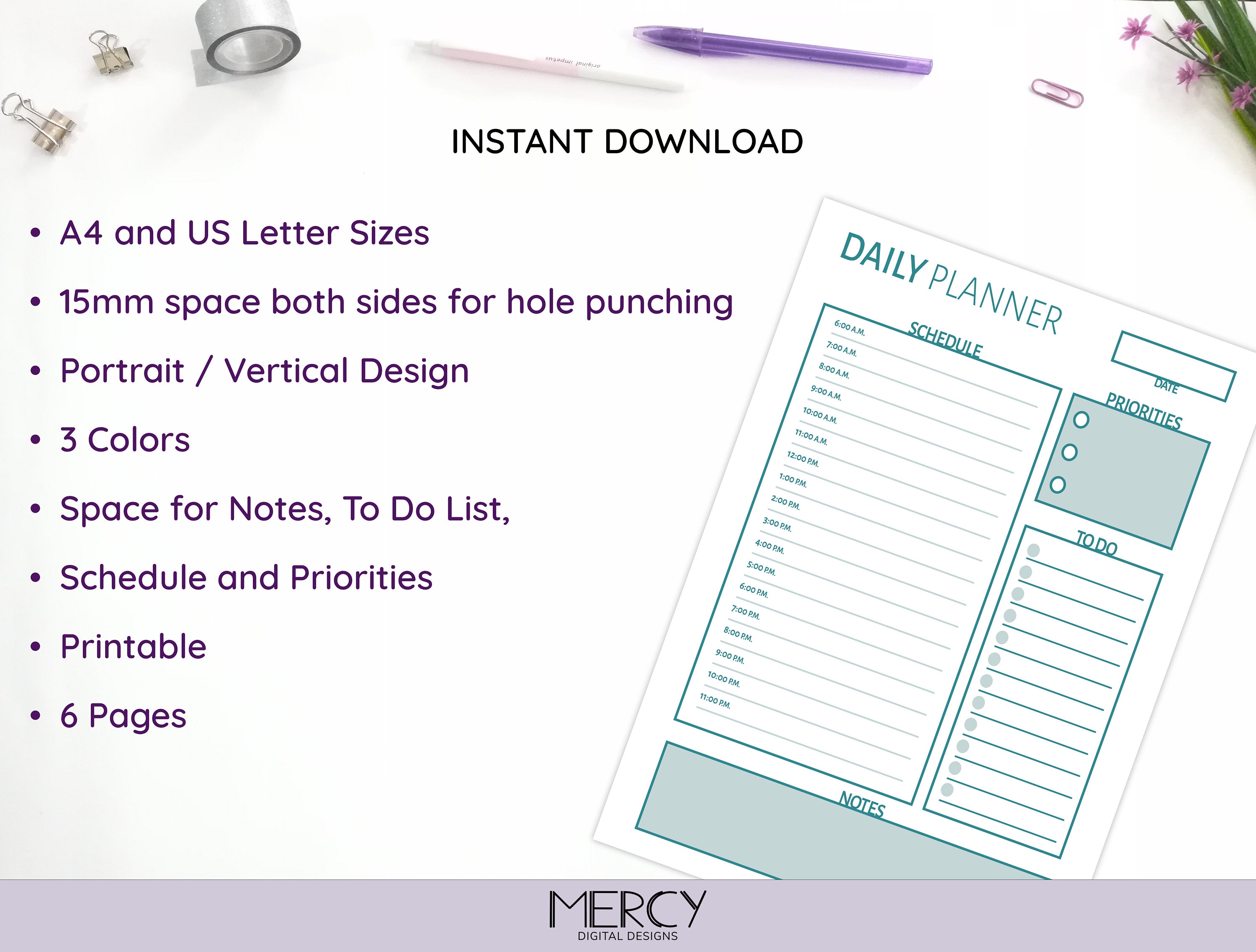 Printable Daily Planner, Daily Hourly Planner, Day on One Page, A4 and ...