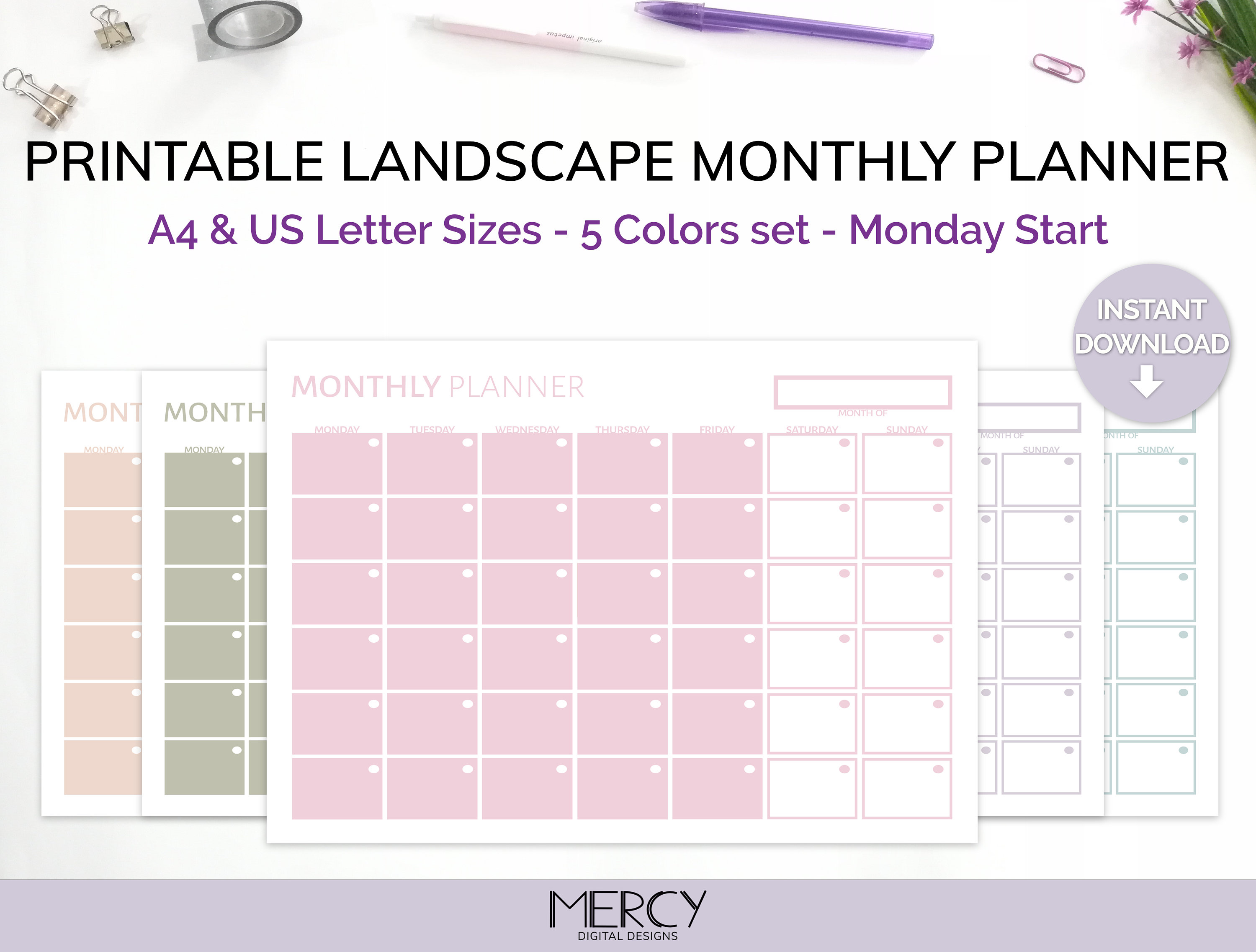 Undated Landscape Monthly Planner Printable, A4 and Letter, Undated ...
