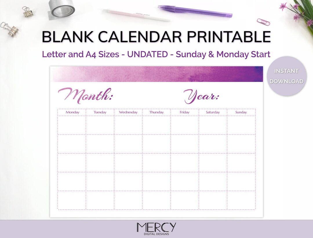 Blank Calendar Printable, Purple, Undated, A4, Letter - Etsy