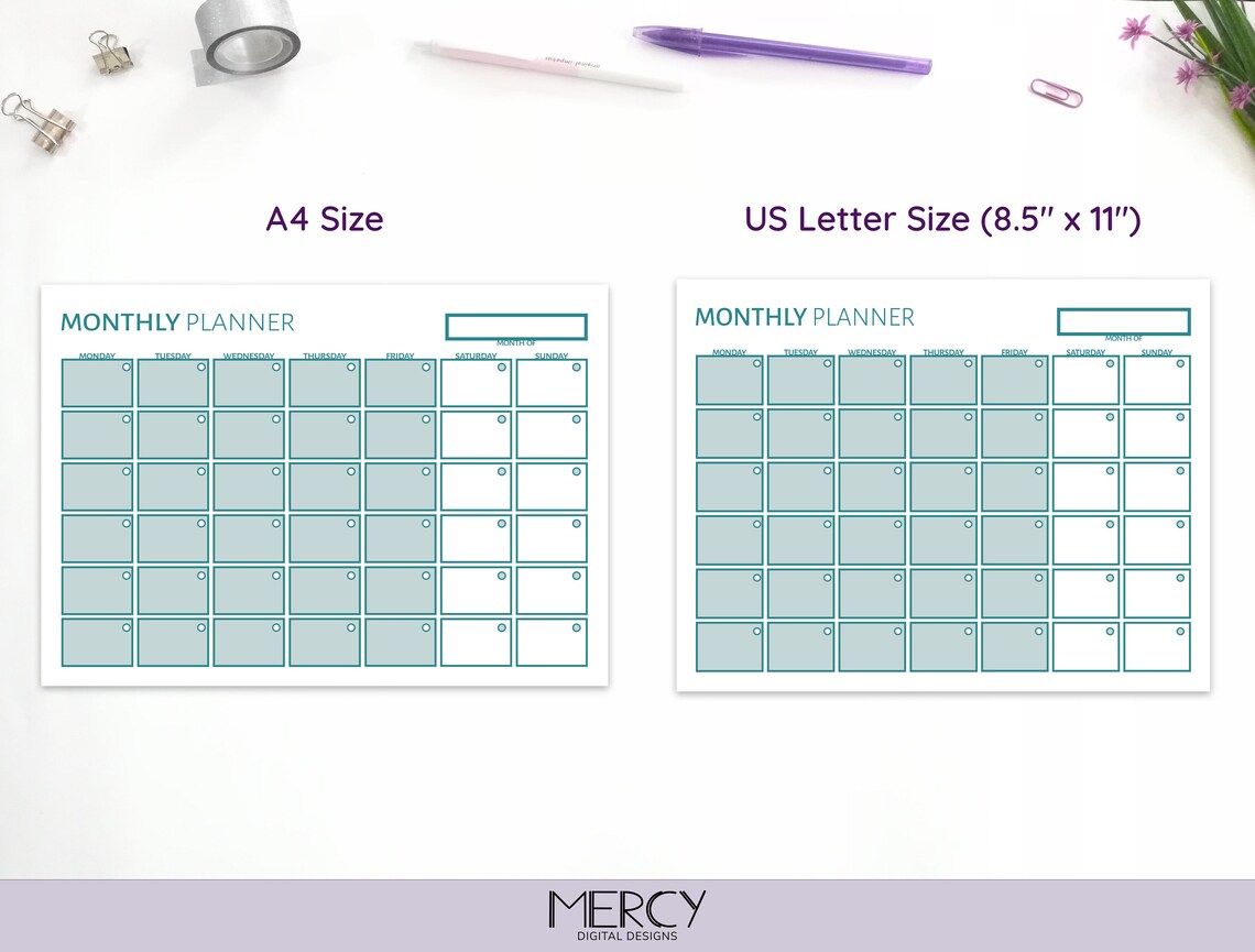 Undated Landscape Monthly Planner Printable, A4 and US Letter, Month on ...