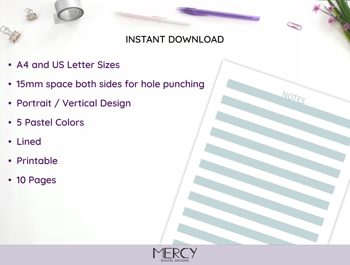 Lined Notes Page Printable Notes Planner on A4 and Letter - Etsy