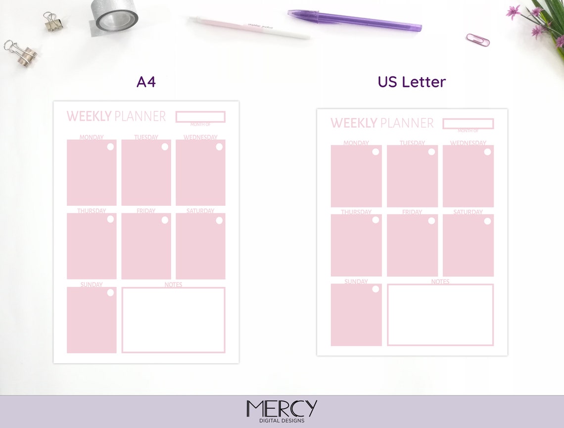 Printable Weekly Planner Page, A4 and Letter Weekly Plan, Monday and ...