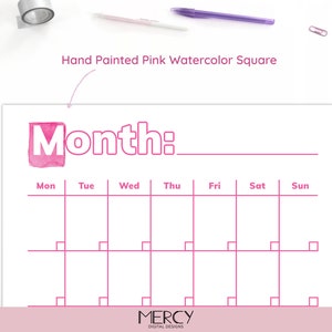 Blank Calendar Printable, Pink Watercolor Calendar, Undated, A4 and ...