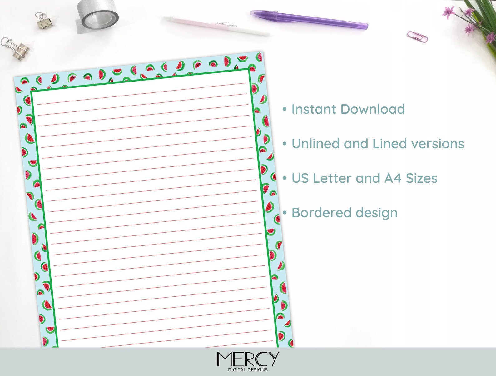 Watermelon Pattern Printable Writing Paper, Blank and Lined Fruit ...