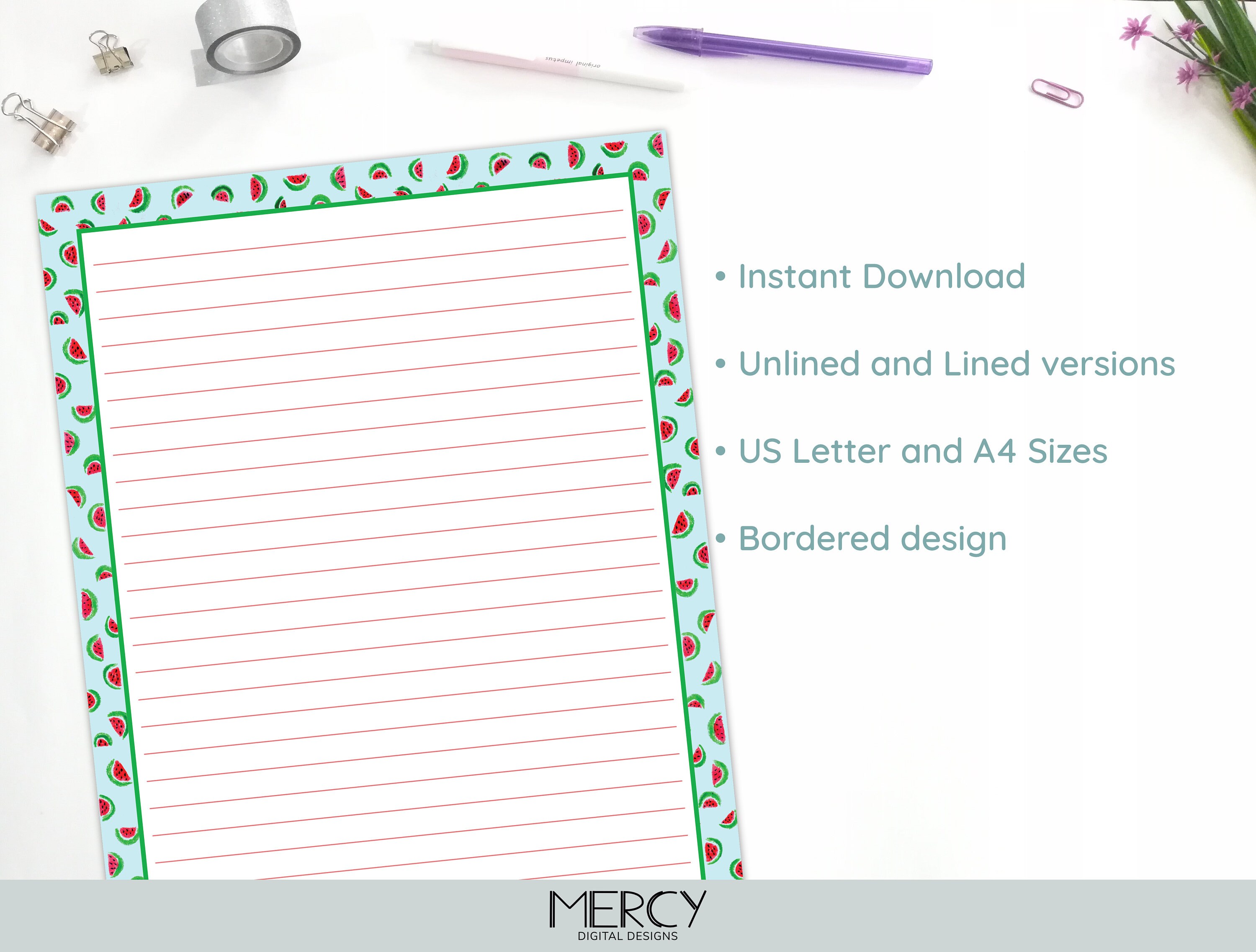 Watermelon Pattern Printable Writing Paper, Blank and Lined Fruit ...