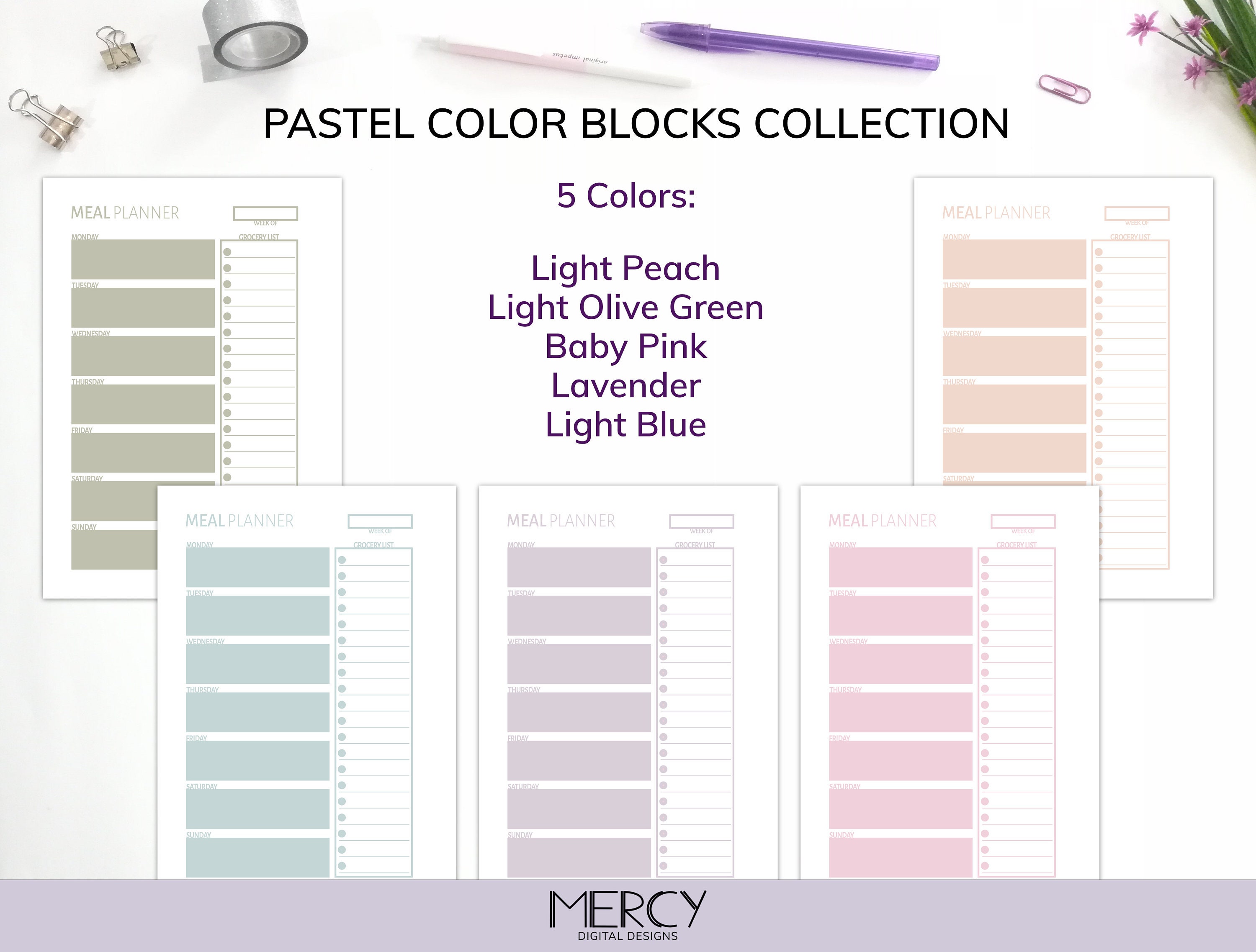 A6 Weekly Meal Planner Printable, Grocery List, Monday and Sunday Start ...