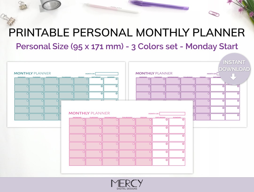 Personal Monthly Planner Printable, Personal Size Monthly Calendar - Etsy