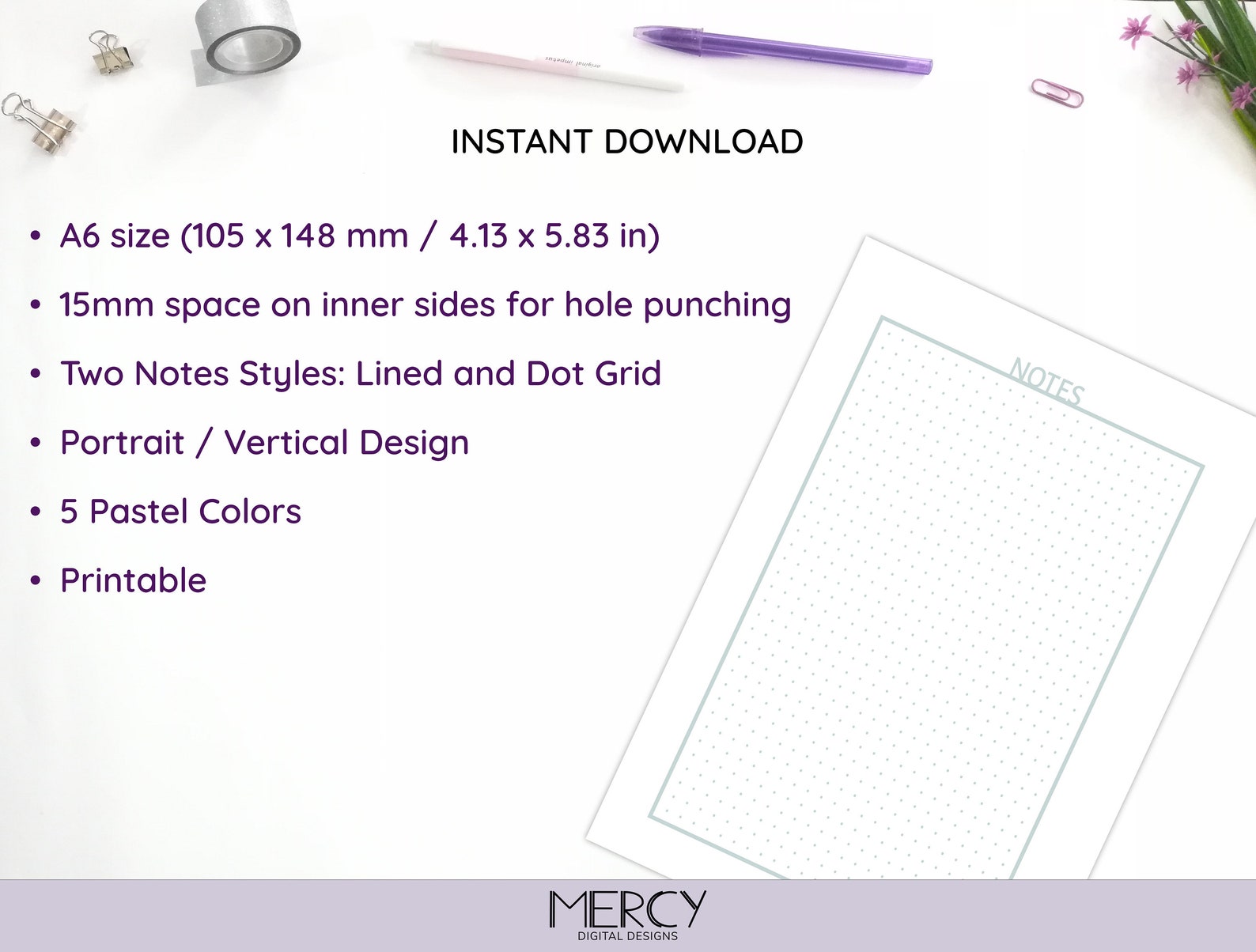 A6 Notes Printable, Lined Notes, Dot Grid Notes, Pastel Notes - Etsy