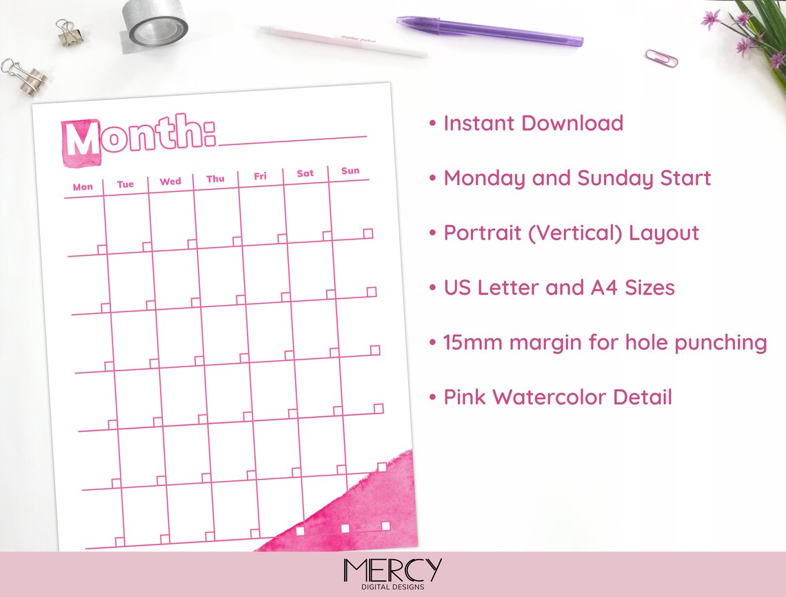 Blank Calendar Printable Pink Watercolor Calendar Undated - Etsy