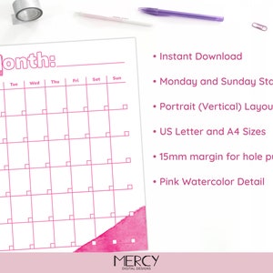 Blank Calendar Printable, Pink Watercolor Calendar, Undated, A4 and ...