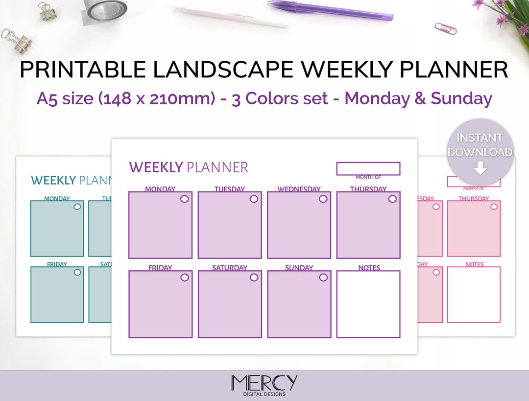 A5 Printable Weekly Planner, Landscape, Week on One Page, Monday and ...