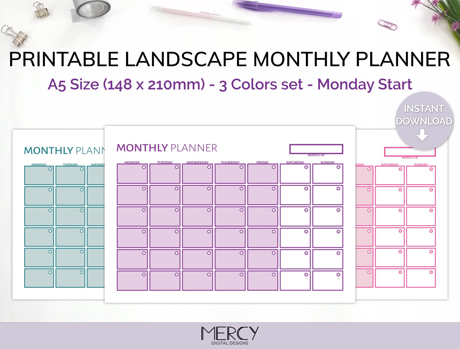 A5 Landscape Monthly Planner Printable, Undated Calendar - Etsy