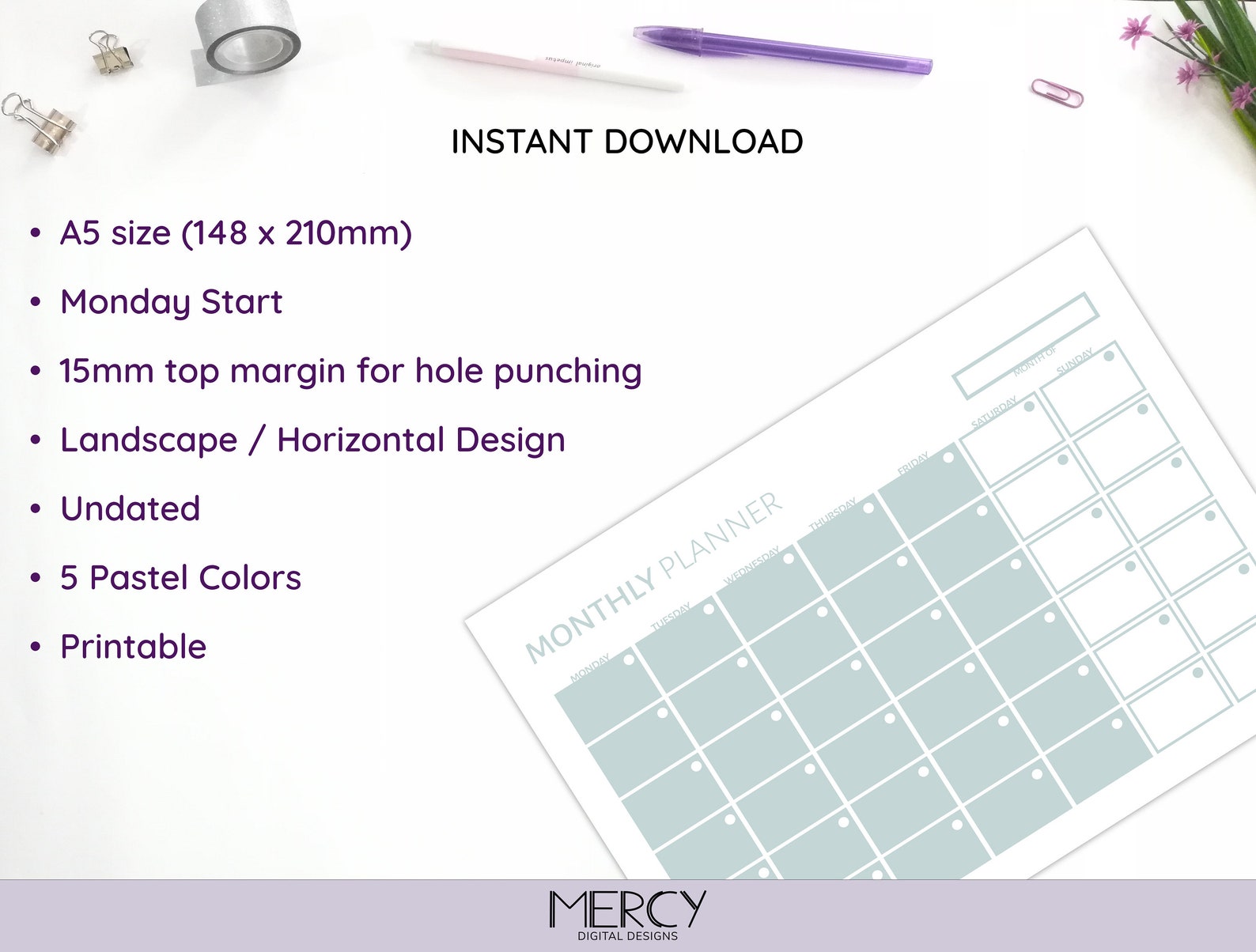 A5 Monthly Planner Printable, A5 Undated Calendar - Etsy