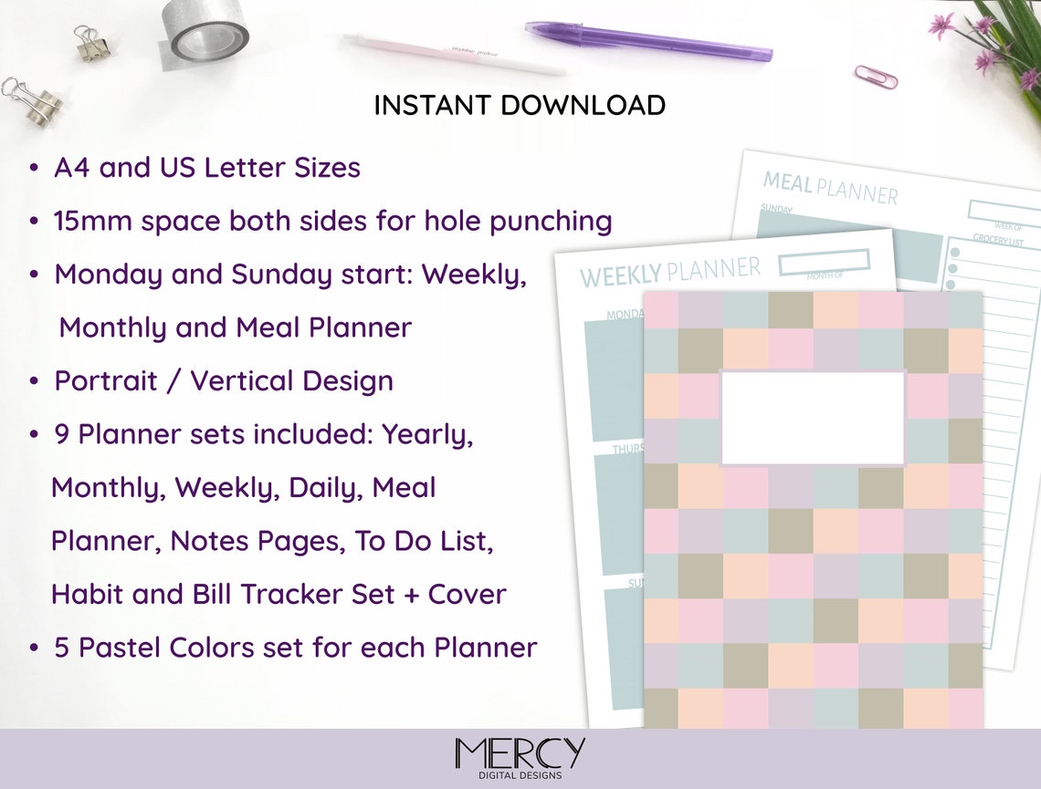 Printable Planner Essentials Bundle of 9 Cute Undated Planner Pages Set ...