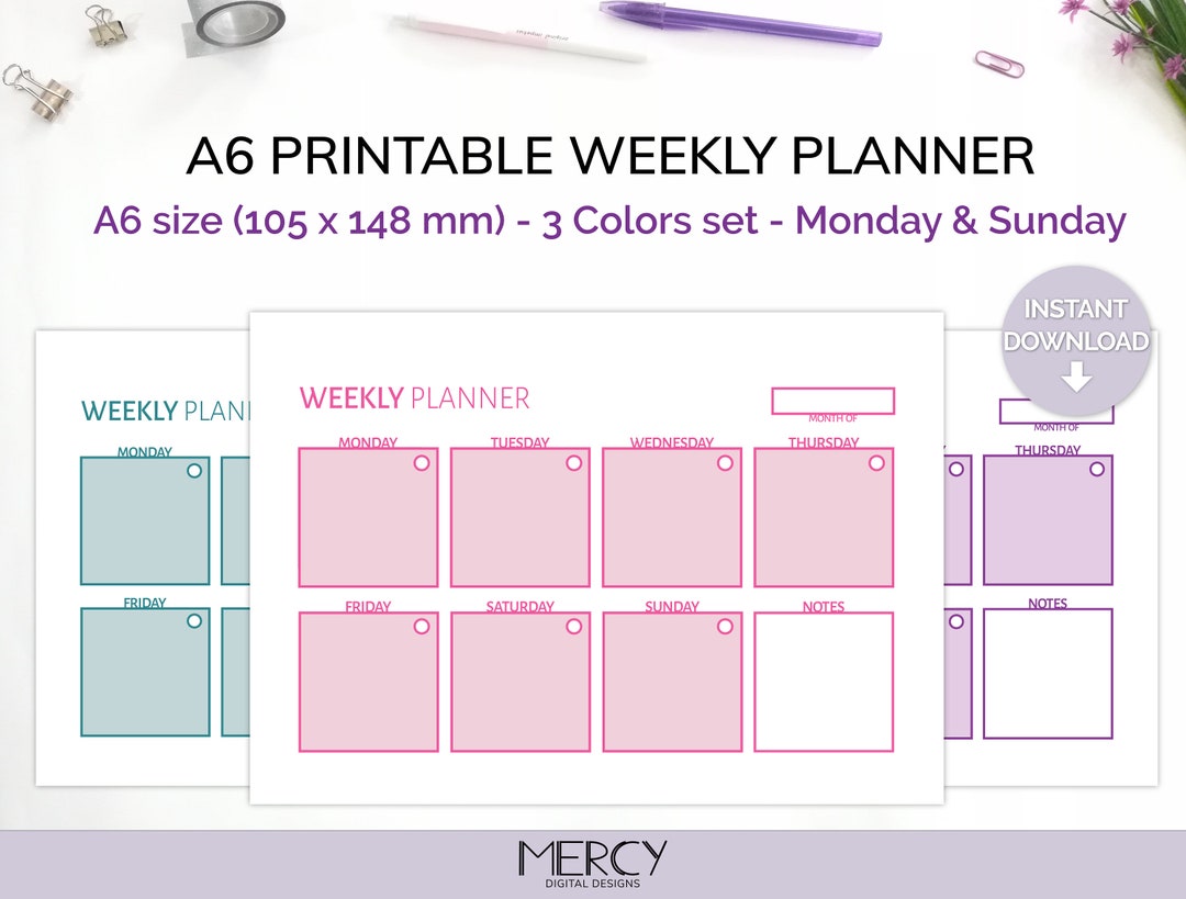 A6 Weekly Planner Printable, Week on One Page, Landscape, Monday and ...