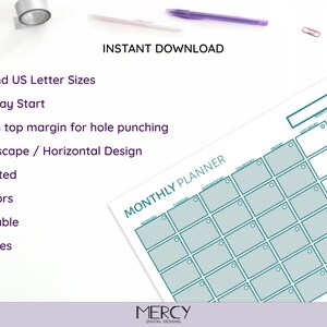 Undated Landscape Monthly Planner Printable, A4 and US Letter, Month on ...