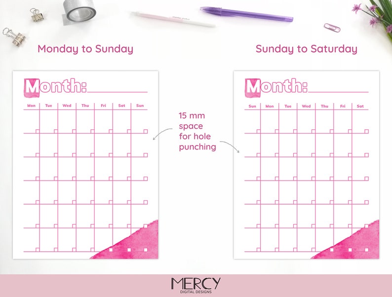 Blank Calendar Printable, Pink Watercolor Calendar, Undated, A4 and ...