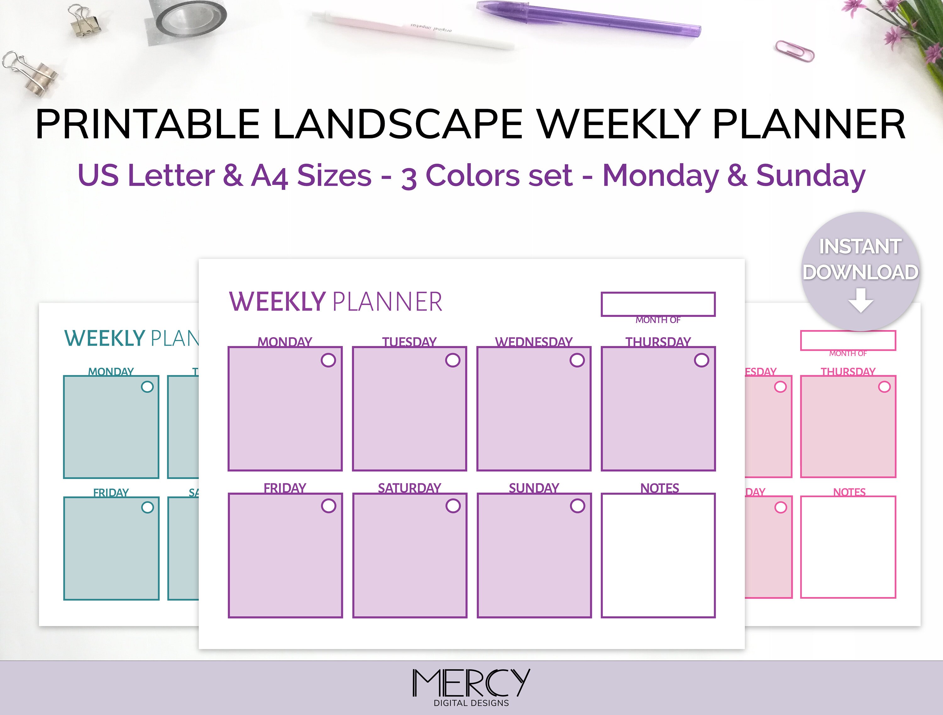 Printable Weekly Planner, Landscape Weekly Planner Printable, A4 and US ...