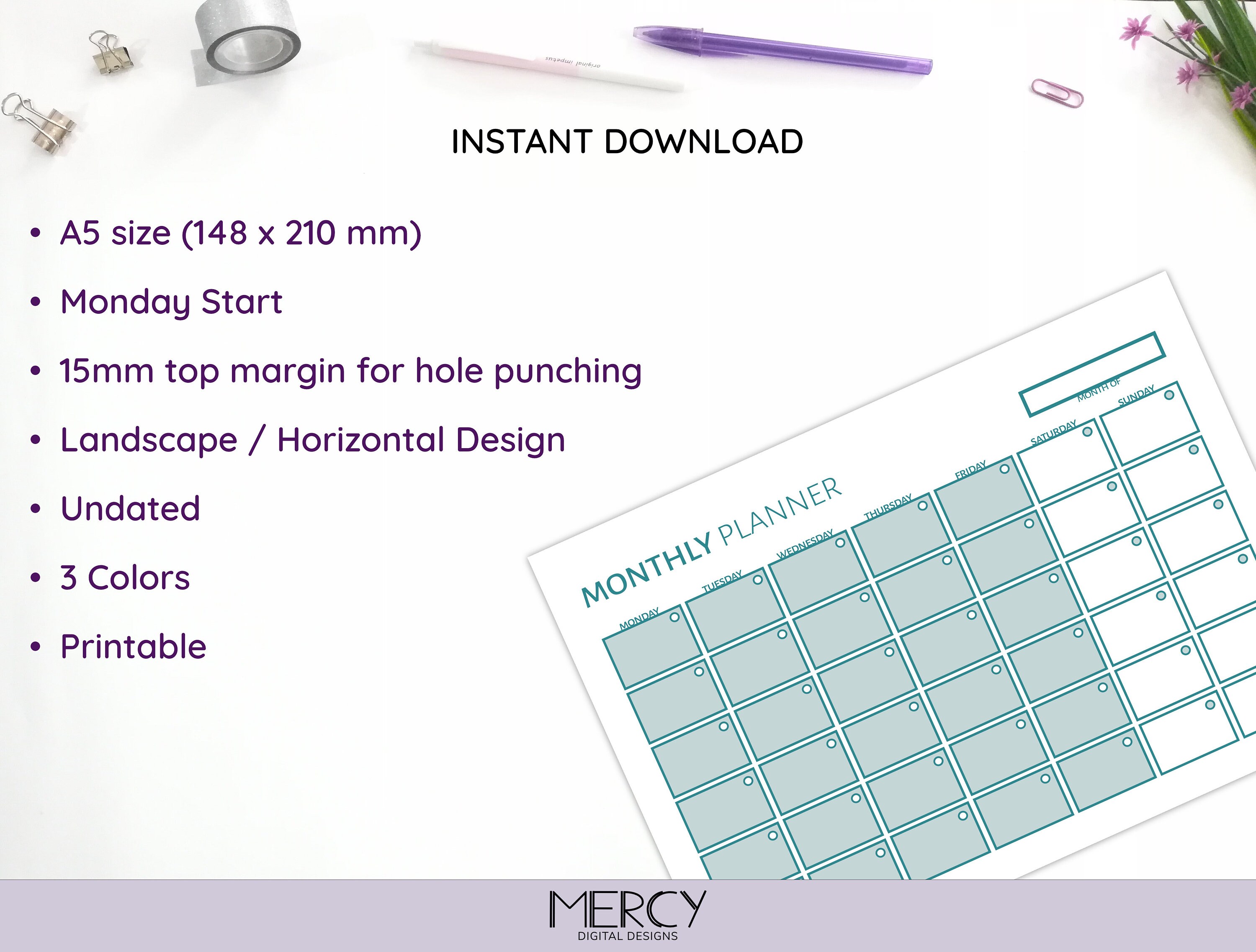 A5 Landscape Monthly Planner Printable, Undated Calendar - Etsy