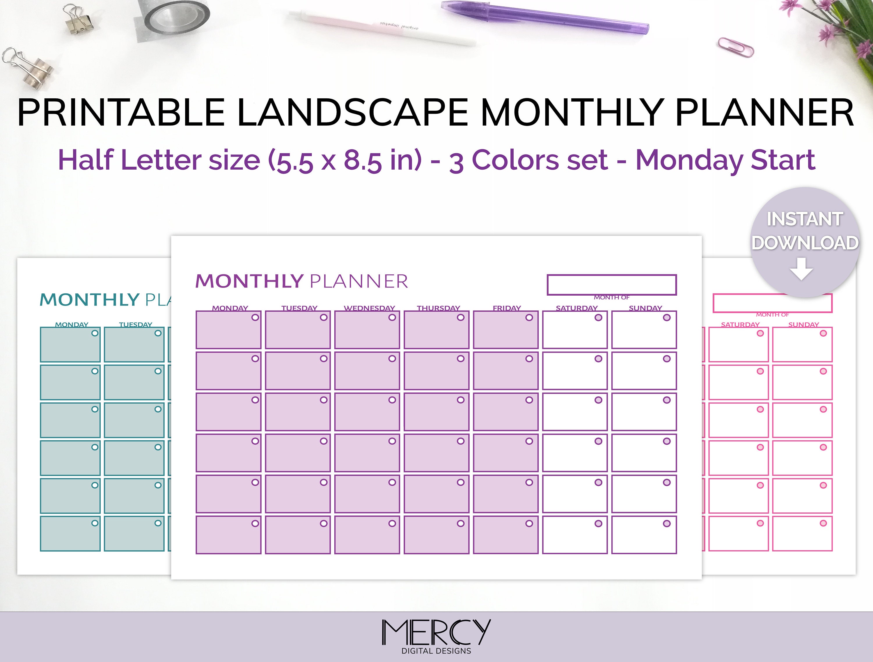 Half Letter Monthly Planner Printable, Landscape, Undated Calendar - Etsy
