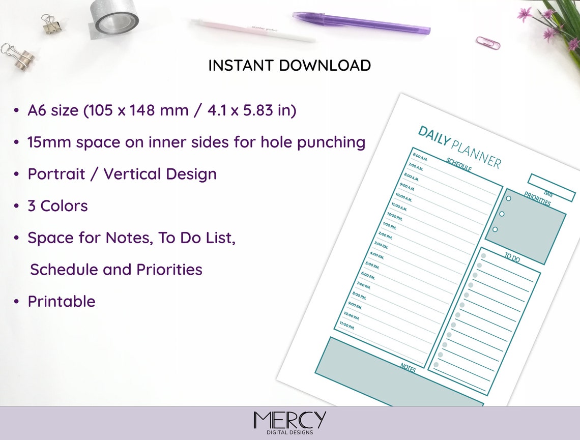 A6 Daily Planner Printable Daily Hourly Planner Day on One - Etsy