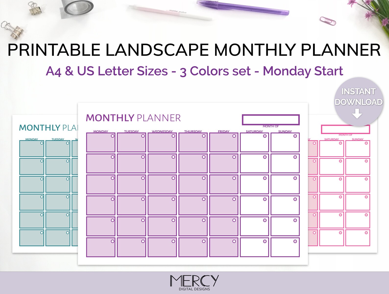 Undated Landscape Monthly Planner Printable, A4 and US Letter, Month on ...
