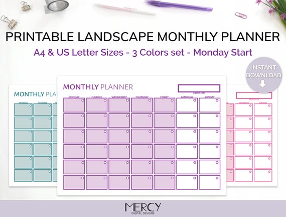 Undated Landscape Monthly Planner Printable A4 and US Letter | Etsy