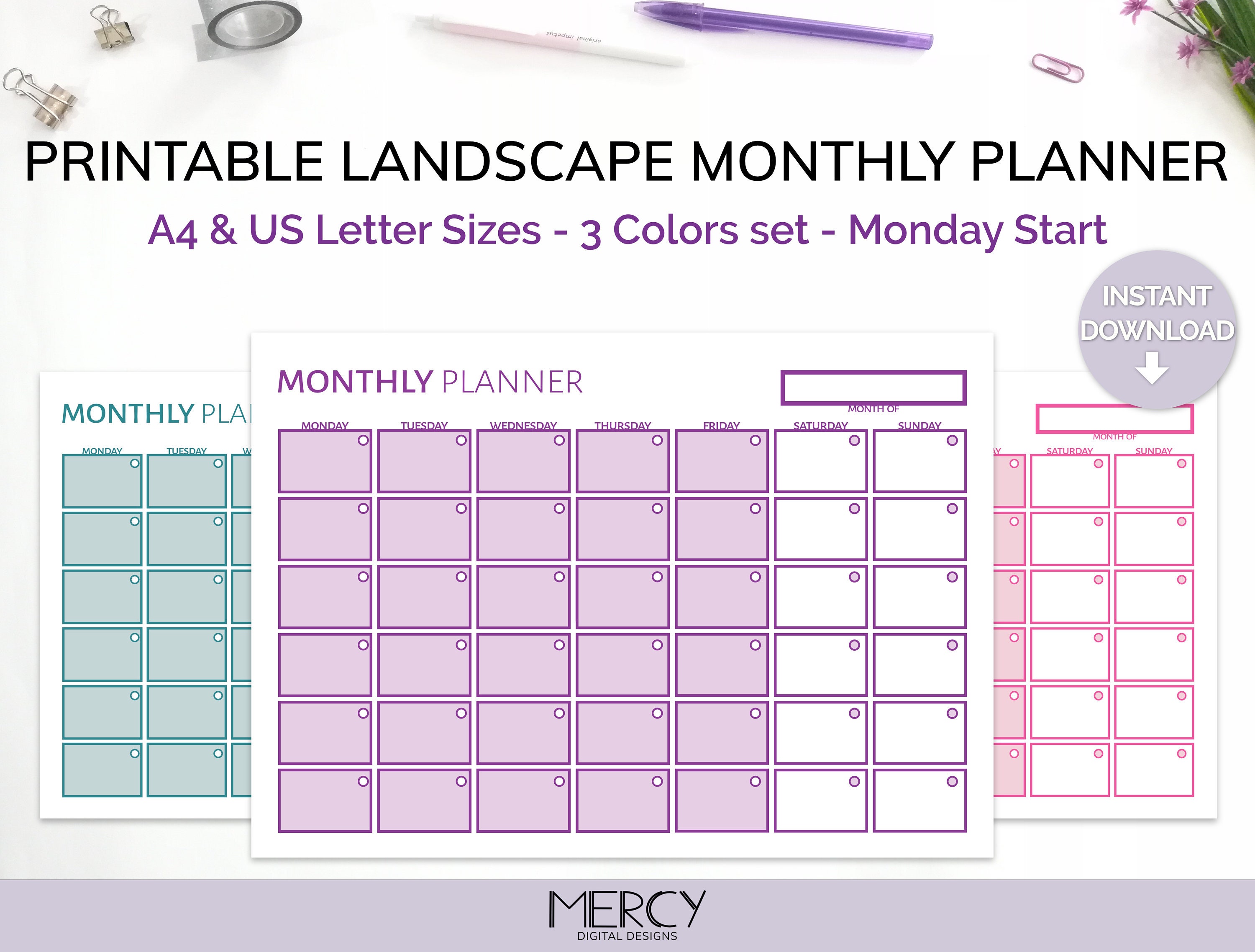 Undated Landscape Monthly Planner Printable, A4 and US Letter, Month on ...