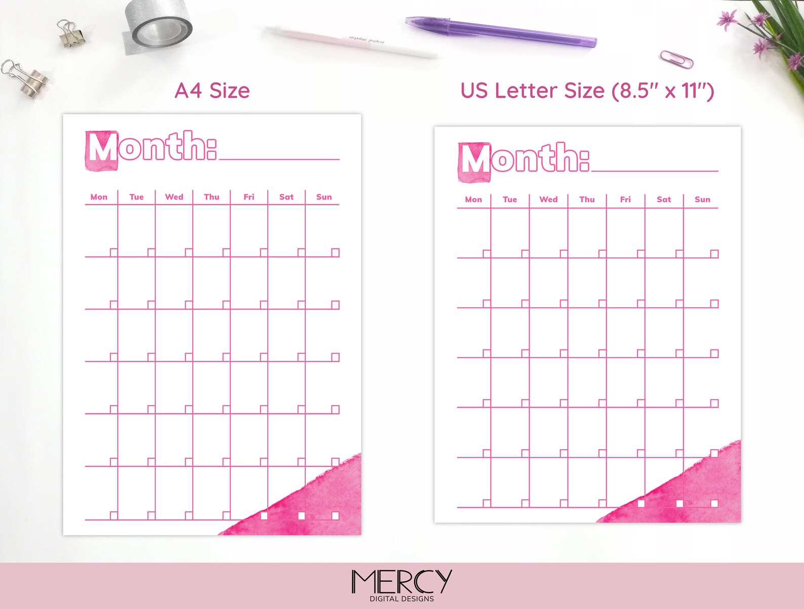 Blank Calendar Printable, Pink Watercolor Calendar, Undated, A4 and ...
