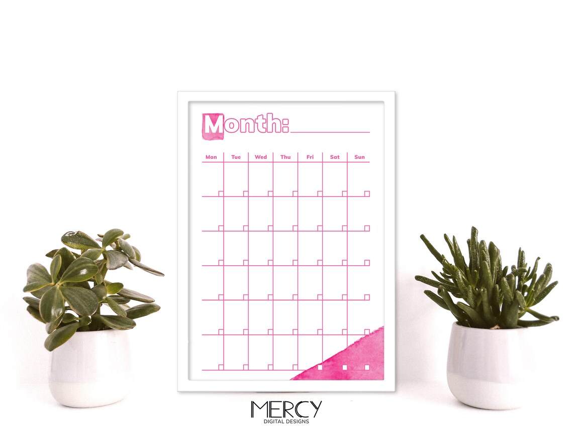 Blank Calendar Printable, Pink Watercolor Calendar, Undated, A4 and ...